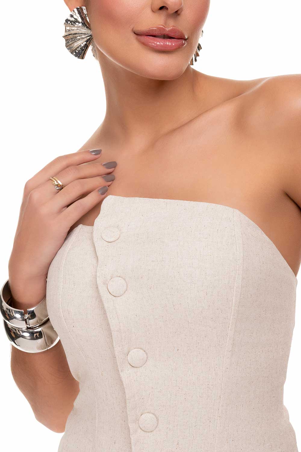 Blusa Sem Alcas De Linho Com Assimetria Natural Frysaide